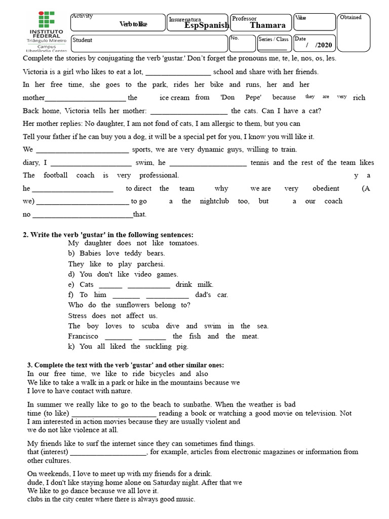 Gustar Activities for Spanish Practice | PDF | Languages | Foreign ...