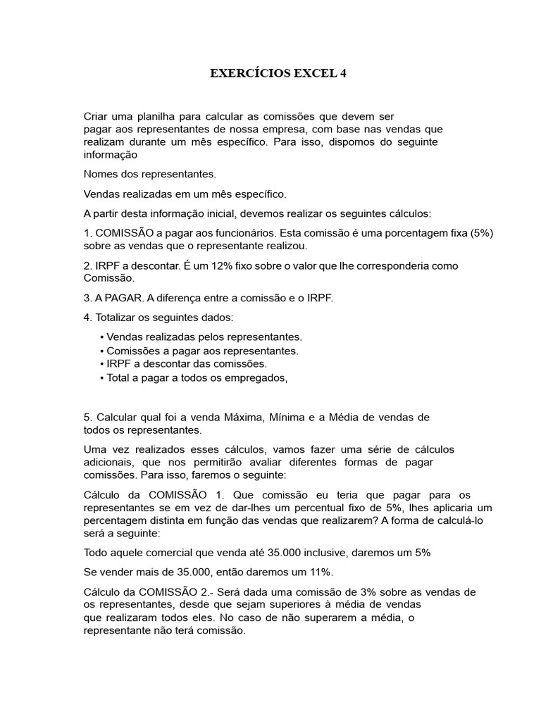 EXERCÍCIOS EXCEL 4 | PDF