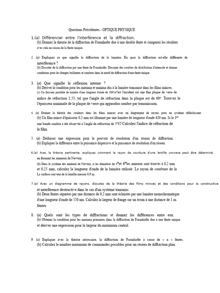 Interférence et Diffraction en Optique | PDF | Diffraction | Optique