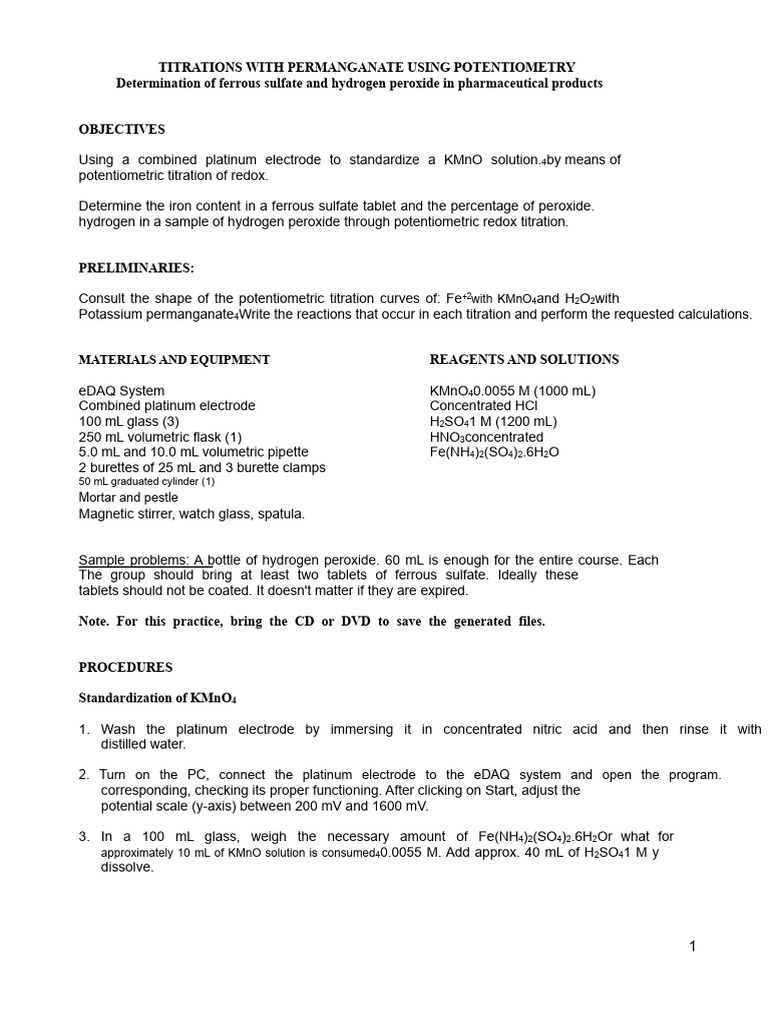 Volumetric Redox II - Titrations With Permanganate by Potentiometry PDF | PDF | Titration ...
