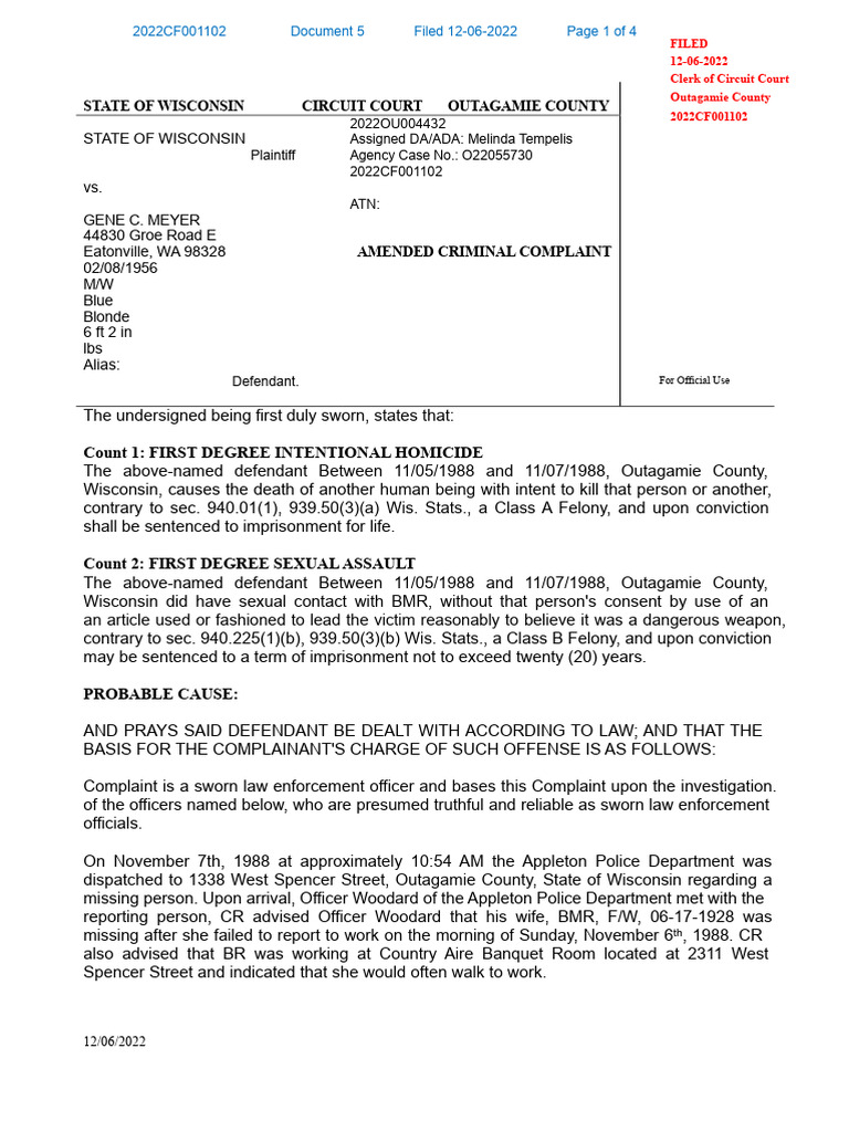 Gene Meyer Criminal Complaint | PDF | Dna Profiling | Wisconsin Circuit ...