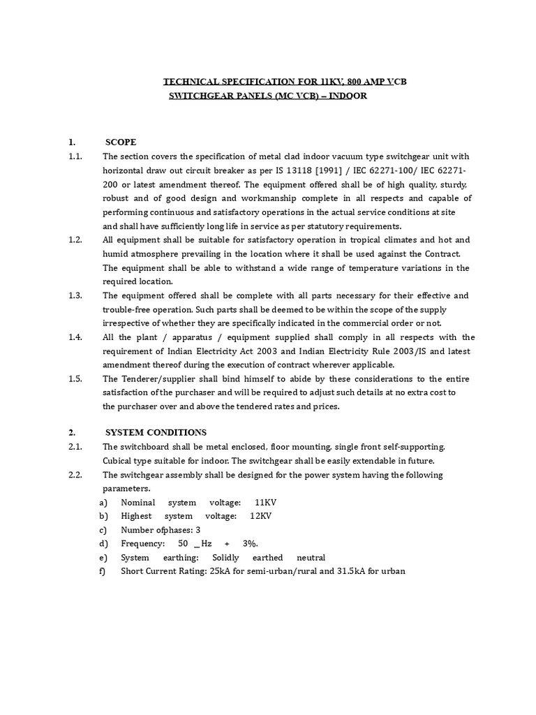 11kV Indoor VCB Switchgear Specification | PDF | Power (Physics ...