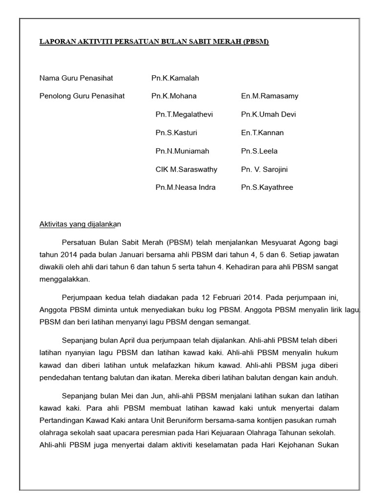 Laporan Aktiviti PBSM 2014 | PDF