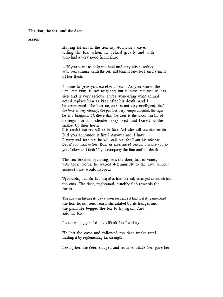 Aesop's Fable: The Lion and the Deer | PDF