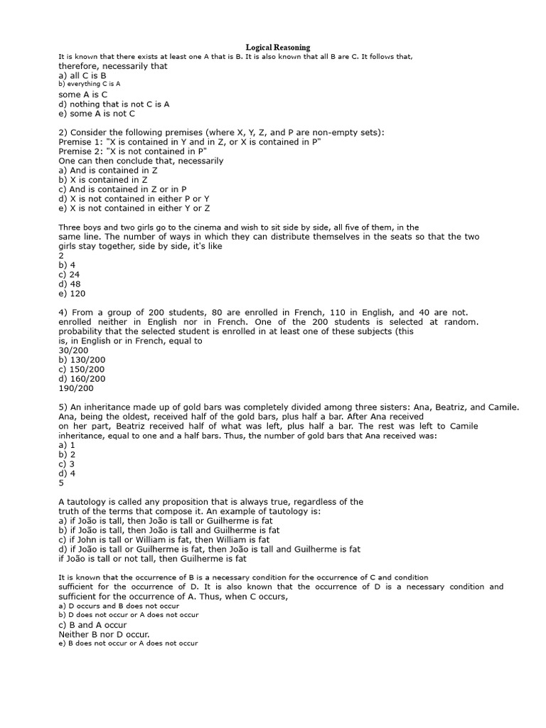 Logical Reasoning Problems and Solutions | PDF