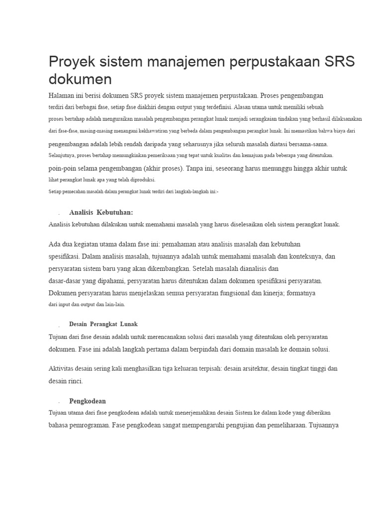 Dokumen SRS Proyek Sistem Manajemen Perpustakaan | PDF