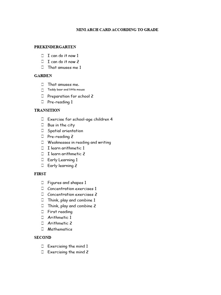 Mini Arch Card by Grade Levels | PDF