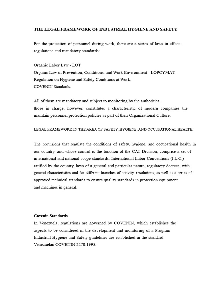 The Legal Framework of Industrial Hygiene and Safety | PDF