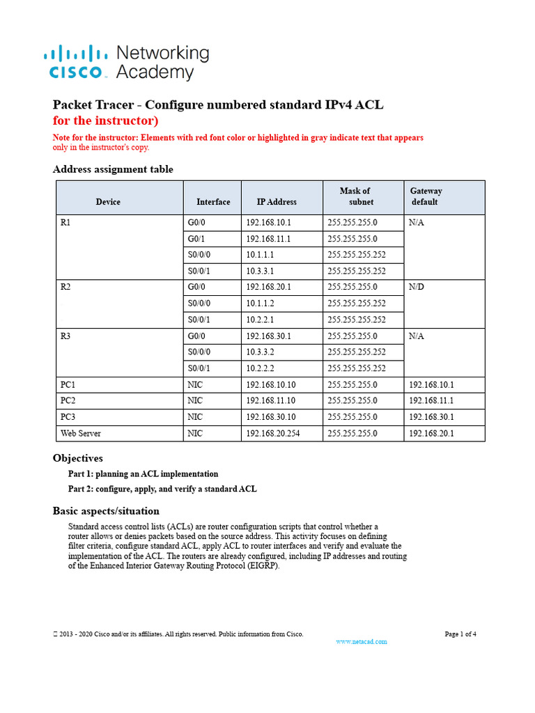Configure Standard IPv4 ACLs in PT 5.1.8 | PDF | Computer Network ...