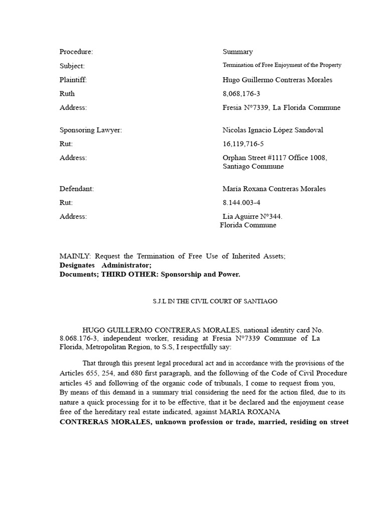 Demand For Termination of Free Enjoyment Hugo Contreras Morales ...