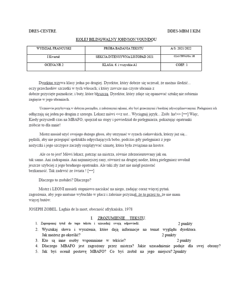 Egzamin Z Analizy Tekstu Klasa 6 | PDF