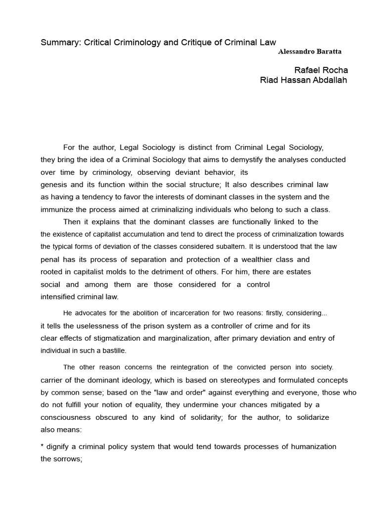 Critical Criminology and Critique of Criminal Law Alessandro Baratta ...
