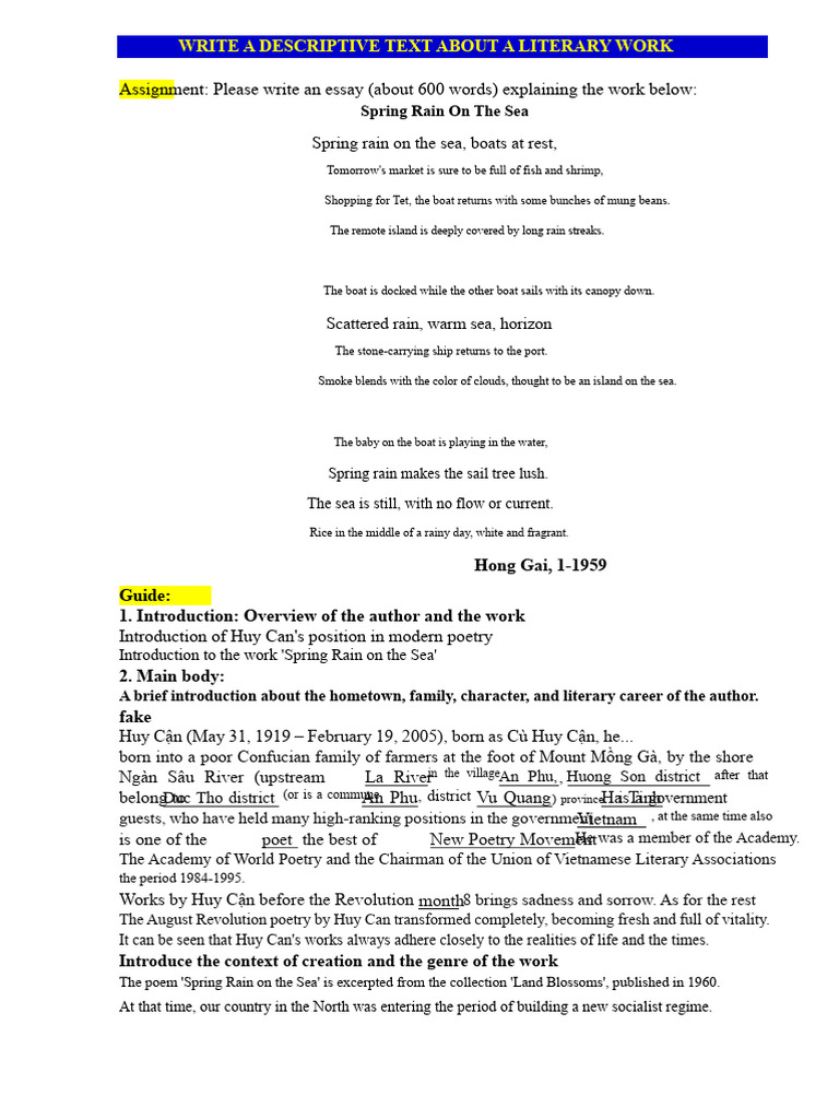 A Commentary On A Poem - Spring Rain On The Sea (Huy Can) | PDF | Poetry
