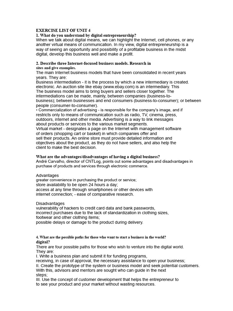 LIST OF EXERCISES FROM UNIT 4 Entrepreneurship | PDF | Entrepreneurship ...