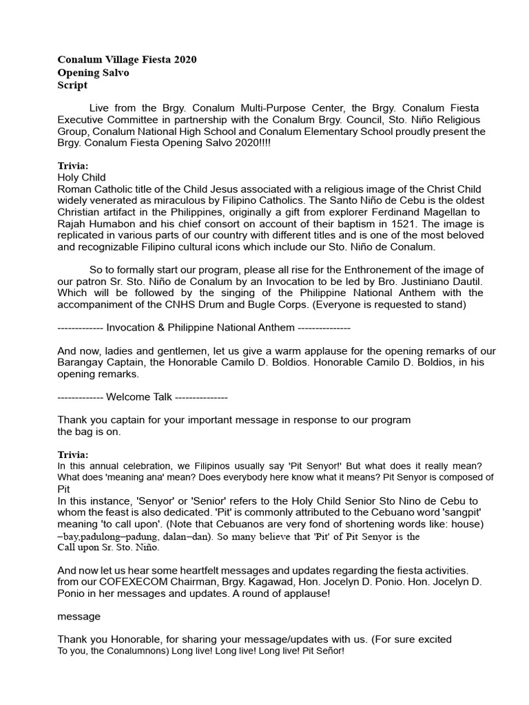 Conalum Fiesta 2020 Opening Salvo Script | PDF | Philippines | Cebu