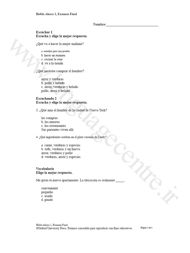 Examen Final Habla Ahora 1 | PDF | Alimentos | Cocina
