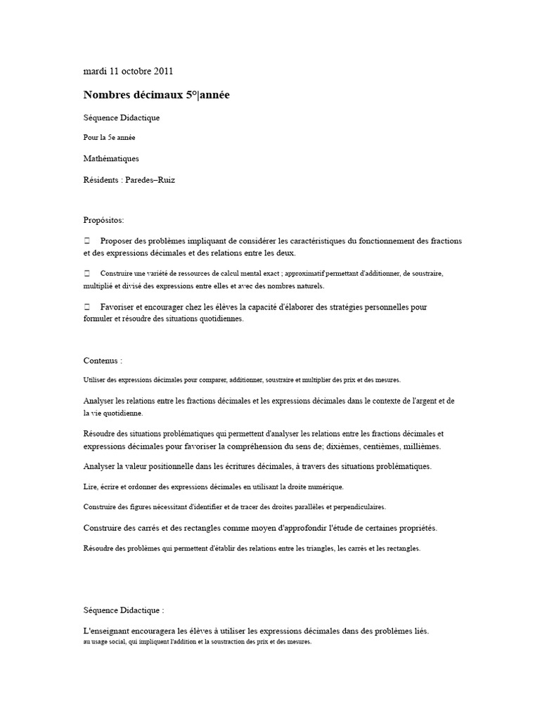 Nombres décimaux en 5e année : séquence didactique | PDF | Décimal ...