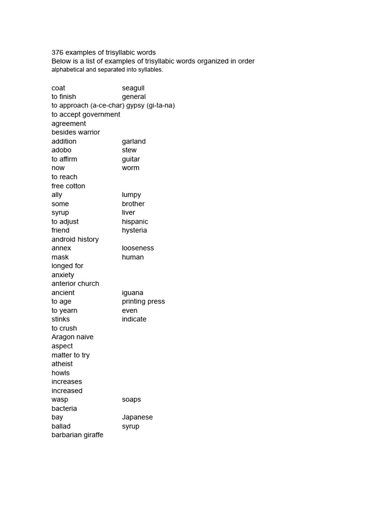 376 Examples of Trisyllabic Words | PDF