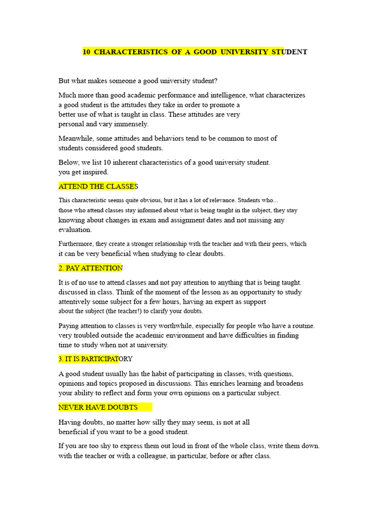 10 Characteristics of A Good University Student | PDF | Teachers | Learning