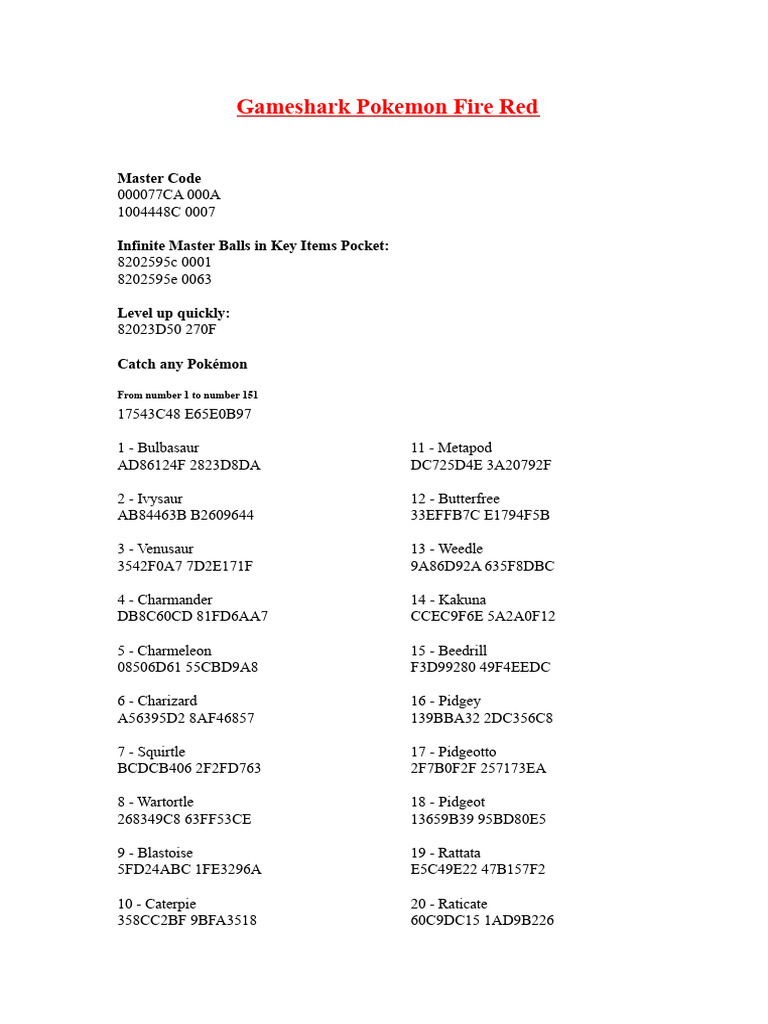 Gameshark Pokemon Fire Red | PDF | Pokémon