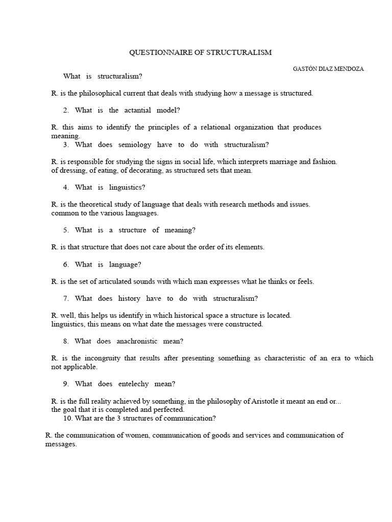 Questionnaire of Structuralism | PDF