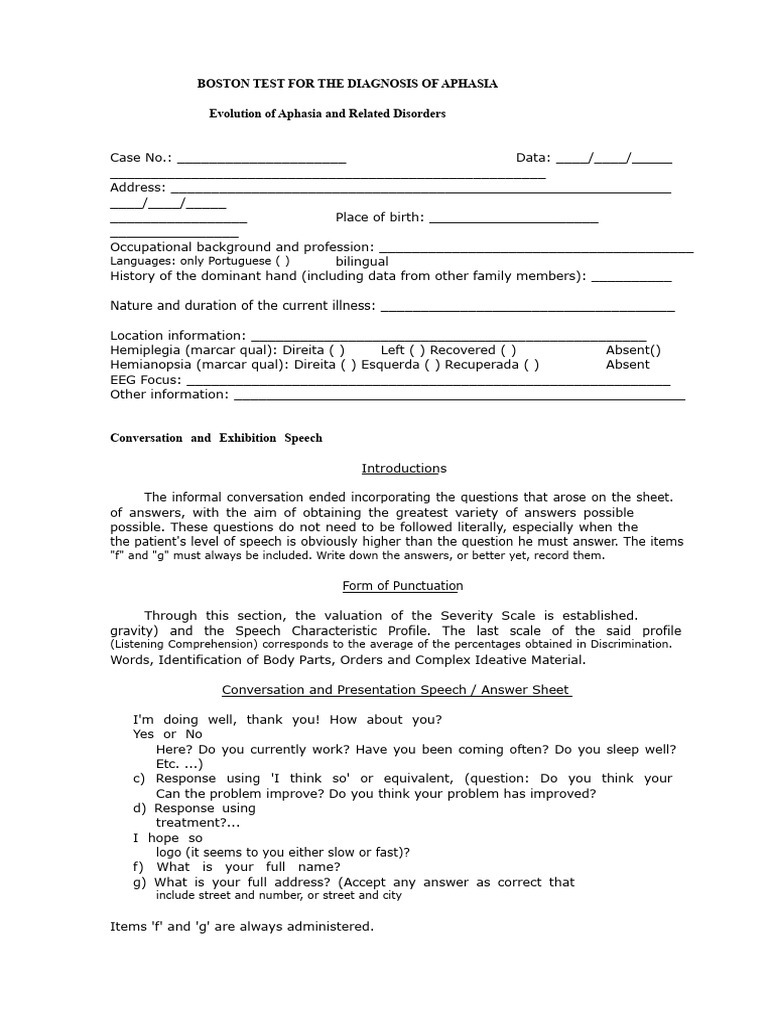 Aphasia Diagnosis: Boston Test Overview | PDF | Speech | Aphasia