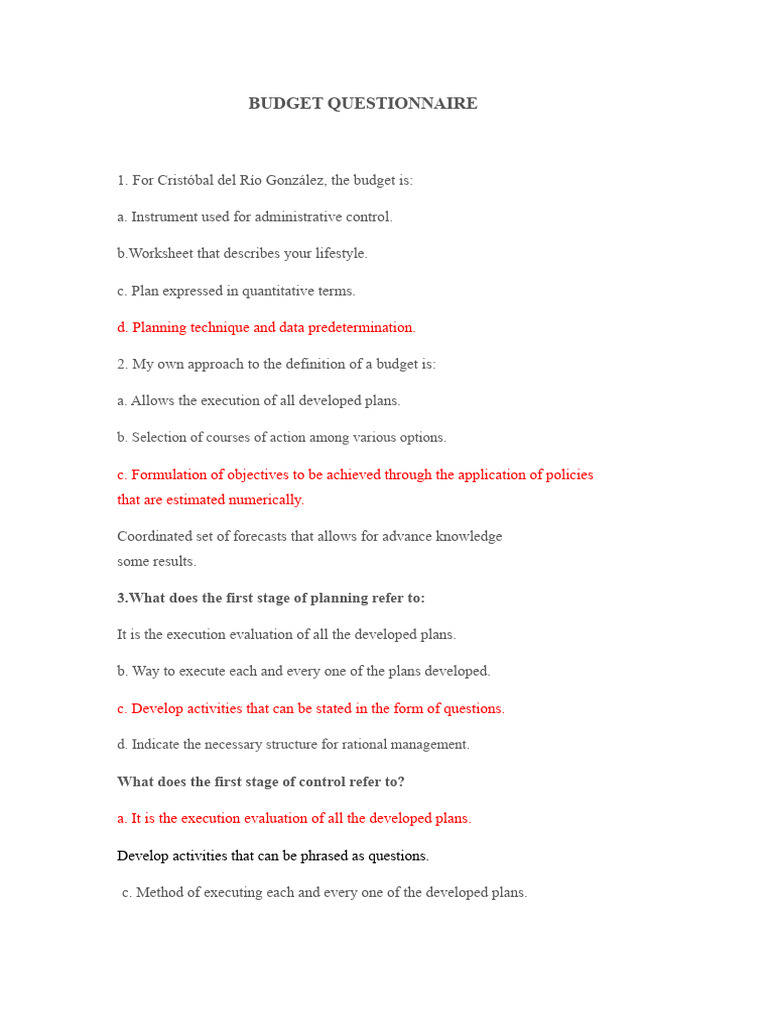 BUDGET QUESTIONNAIRE | PDF | Budget | Pro Forma