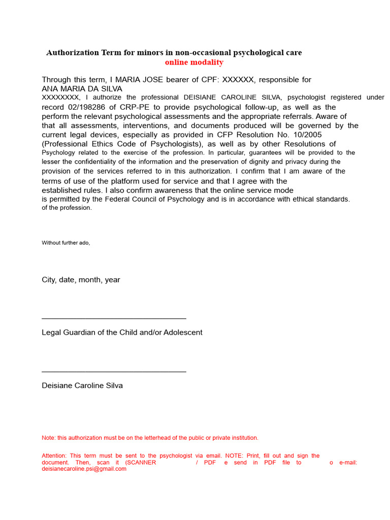 Minor Psychological Care Authorization Form | PDF