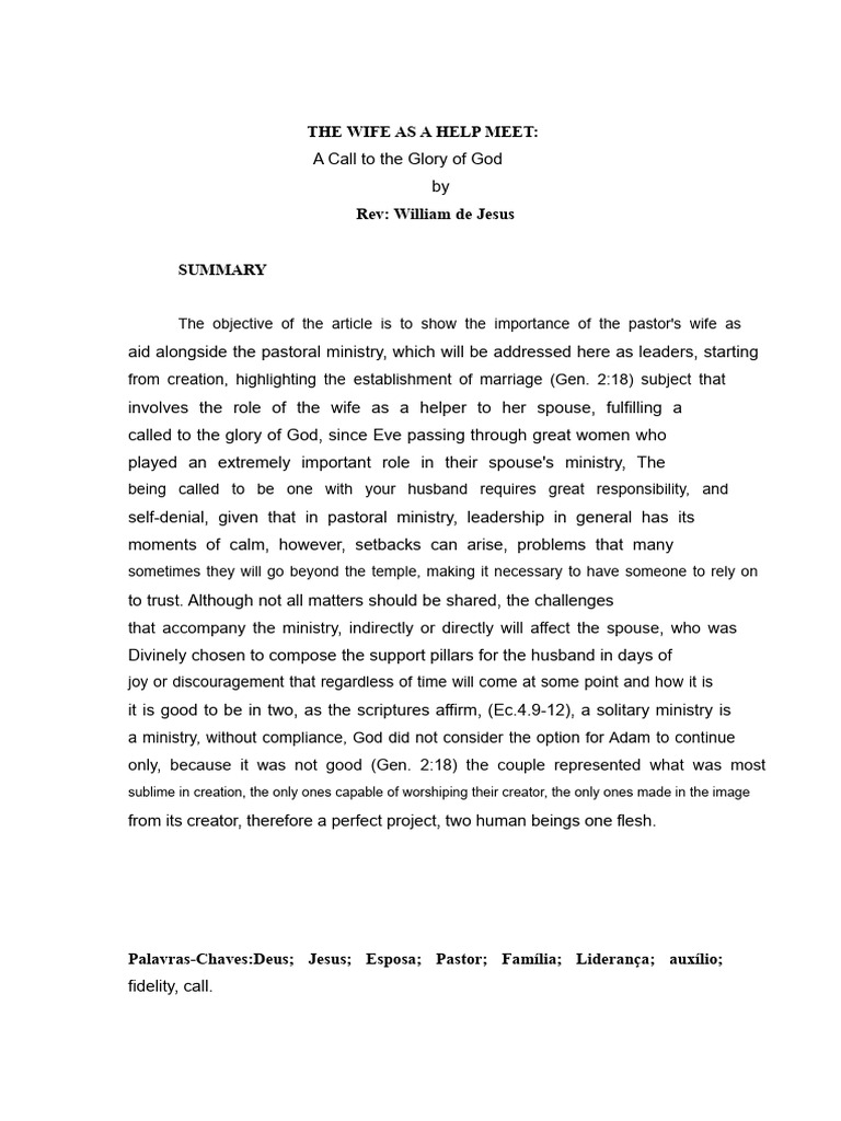 Article - The Wife As Helper: A Call To The Glory of God - Willian. | PDF | Sarah | Book Of Genesis