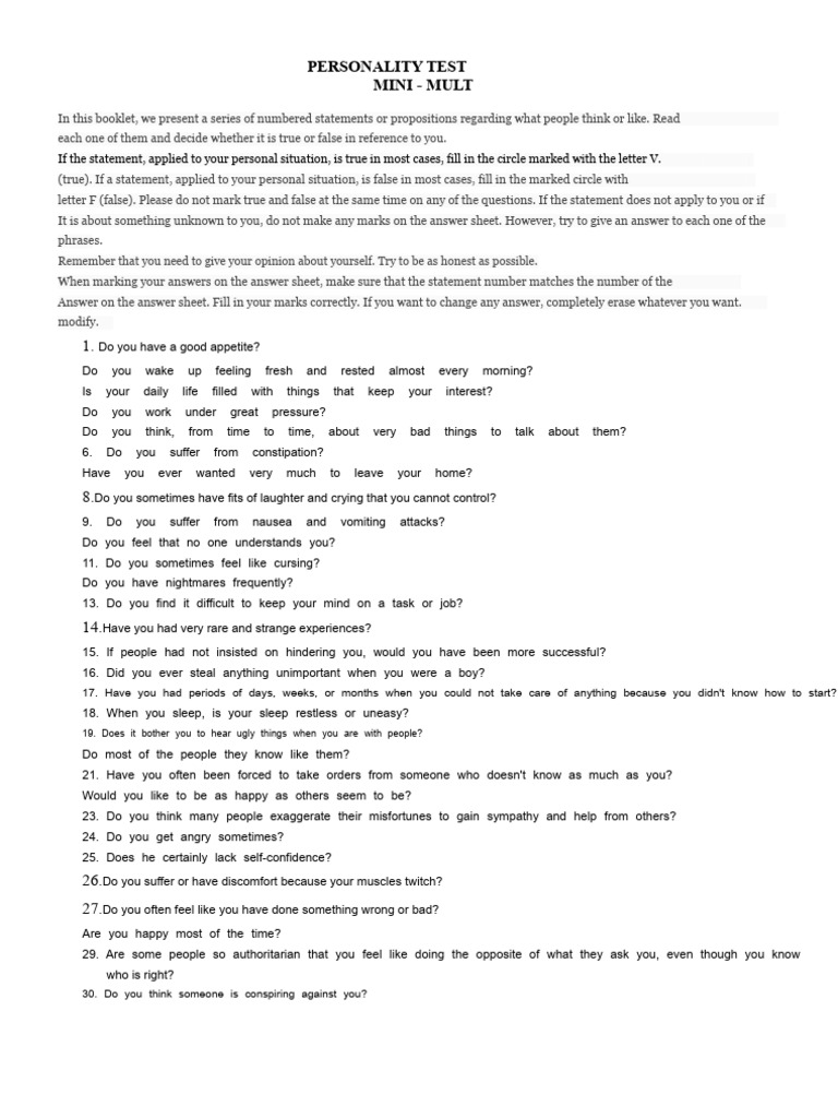 Mini Mult Personality Test Guide | PDF