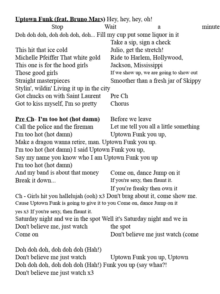 Uptown Funk - Bruno Mars - Lyrics | PDF