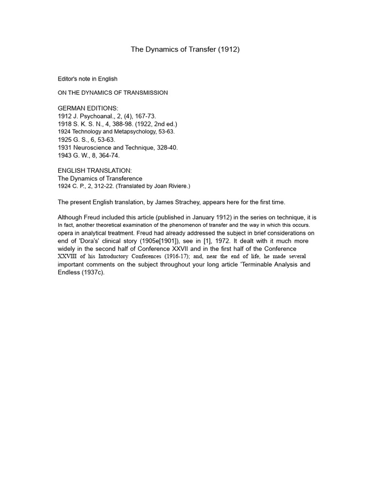Freud's 1912 Dynamics of Transference | PDF | Psychoanalysis | Sigmund ...
