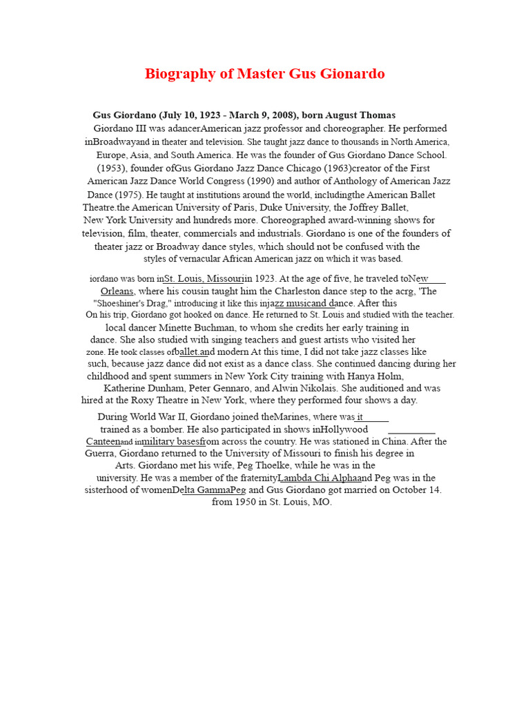 Biography of Gus Giordano | PDF | Dances | Concert Dance