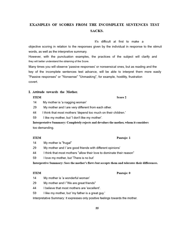 Examples of Scores From The Incomplete Sentences Test by Sacks | PDF ...