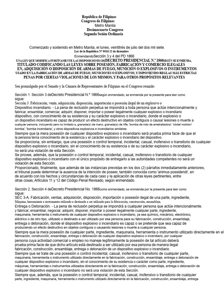 PD 1866 RA 9516 RA 8294 y EO 522 Todo Incluido | PDF | Violación ...