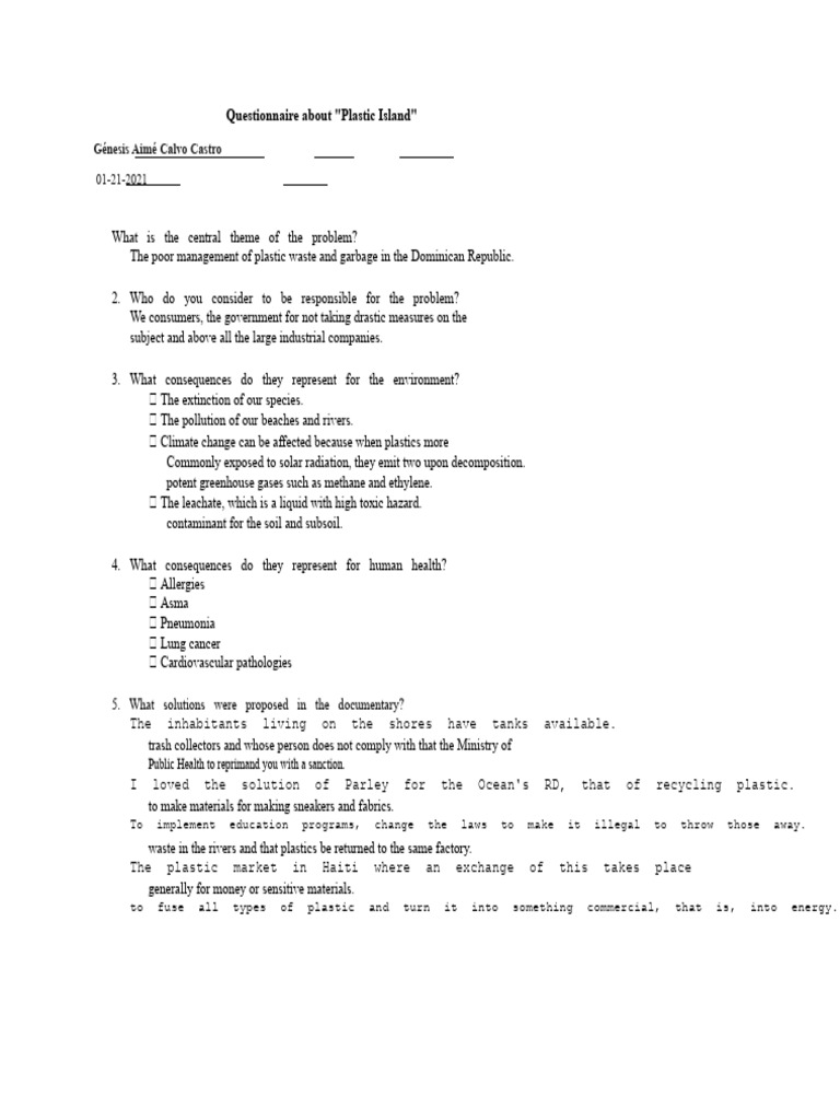 Plastic Island Questionnaire | PDF | Waste | Plastic