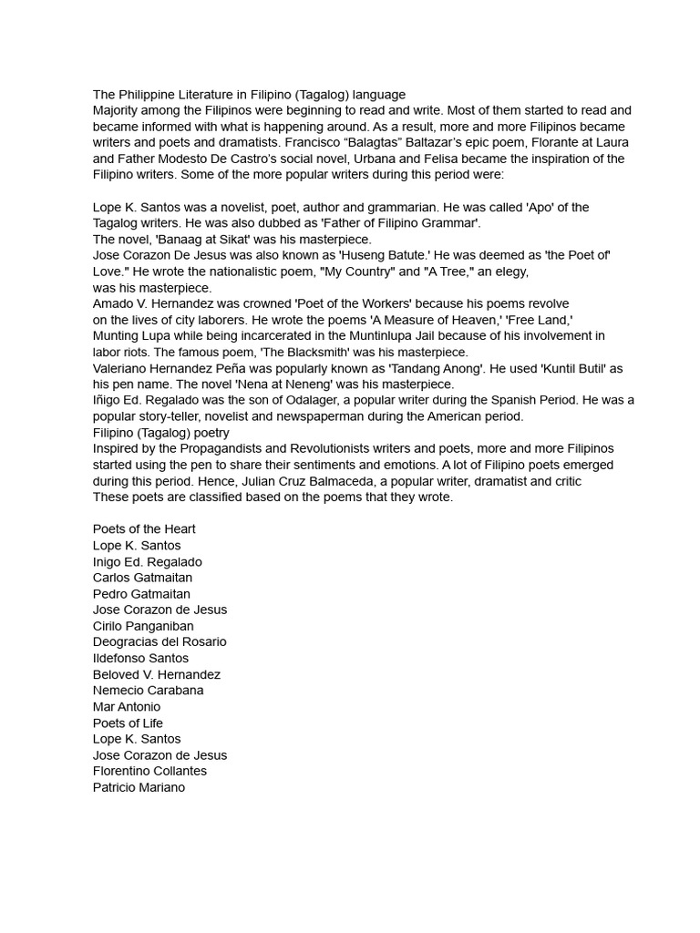 The Philippine Literature in Filipino (Tagalog) Language. | PDF ...