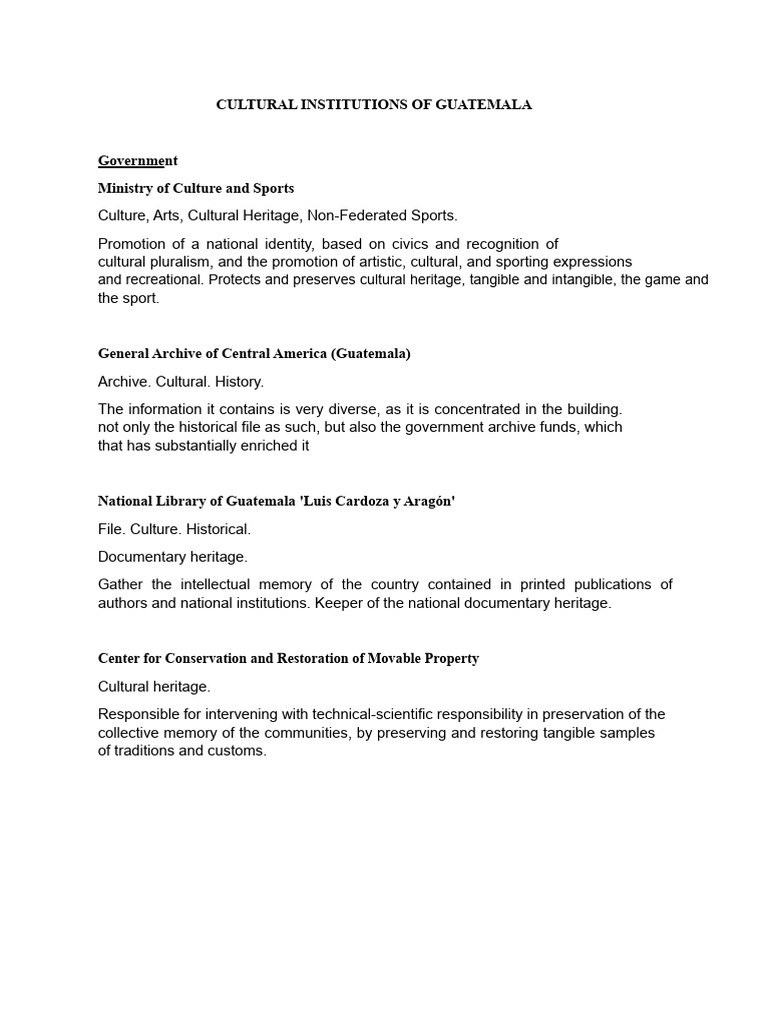 Cultural Institutions of Guatemala | PDF | Guatemala | Cultural Heritage