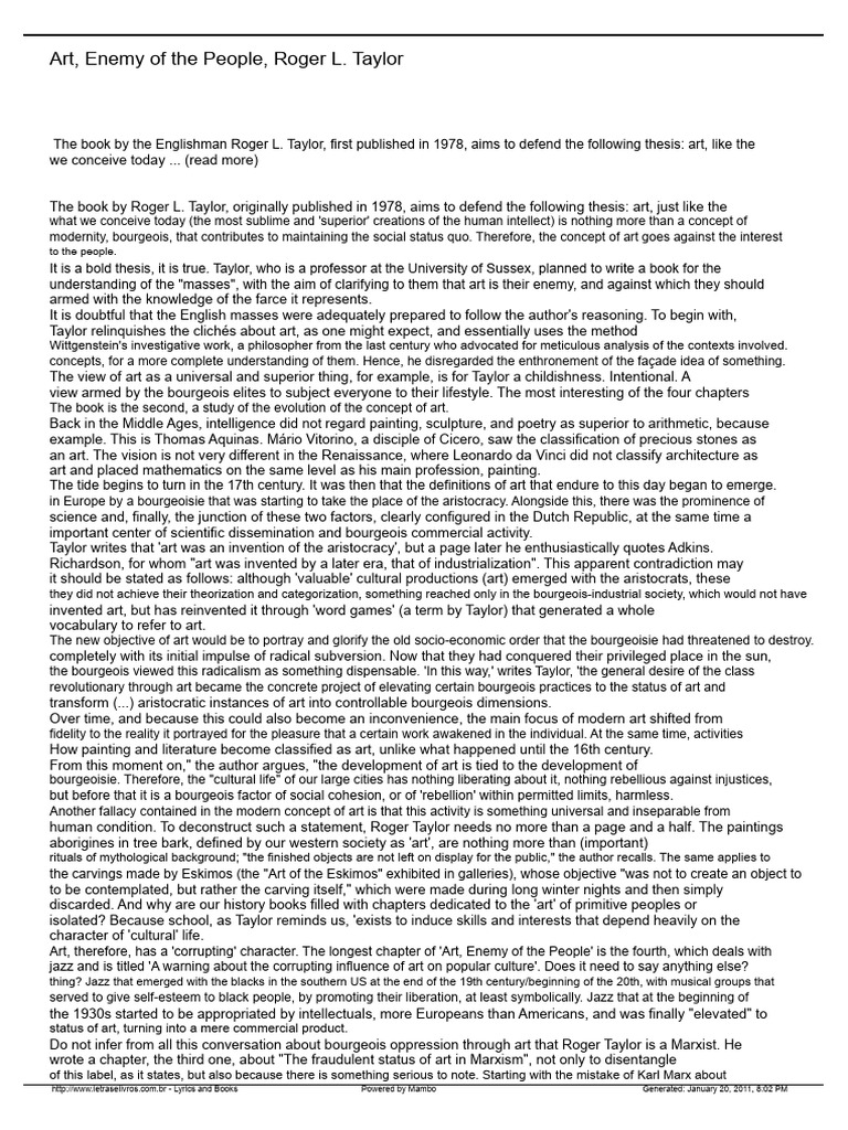Art, Enemy of The People, Roger L. Taylor PDF | PDF | Marxism | Bourgeoisie