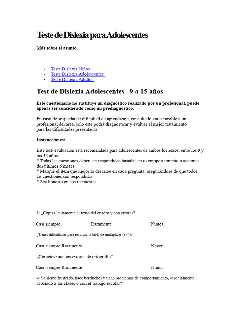 Test de Dislexia para Adolescentes | PDF | Cuestionario | Cognición