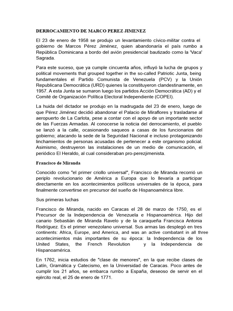 Derrocamiento de Pérez Jiménez en 1958 | PDF | Venezuela