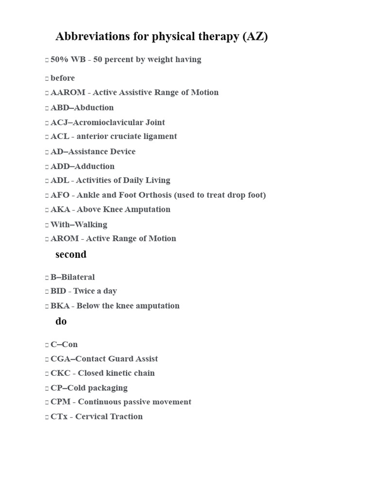 Physical Therapy Abbreviations Guide | PDF | Anatomical Terms Of Motion ...