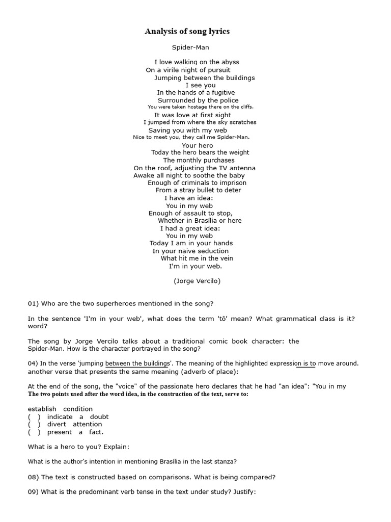 Spider-Man Song Lyrics Analysis | PDF | Language Mechanics | Syntax