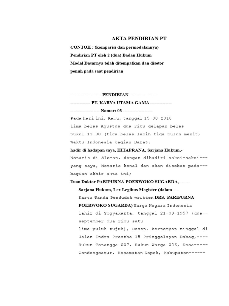 Akta Pendirian PT. KARYA UTAMA GAMA | PDF