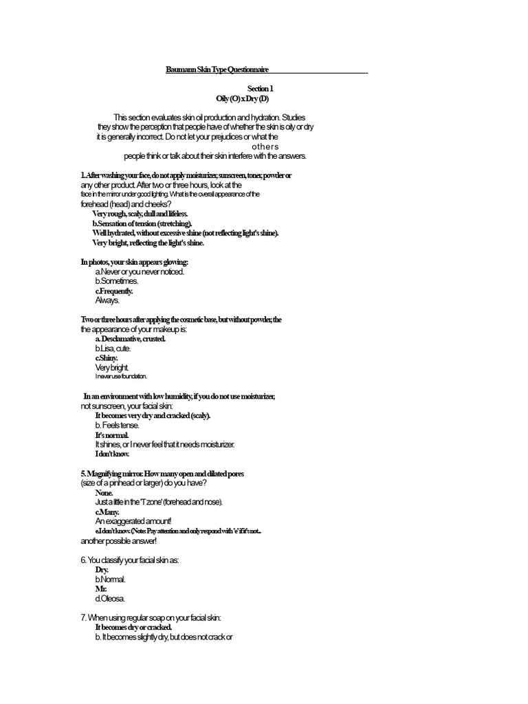 Baumann Skin Type Assessment Guide | PDF | Dermatitis | Skin Care