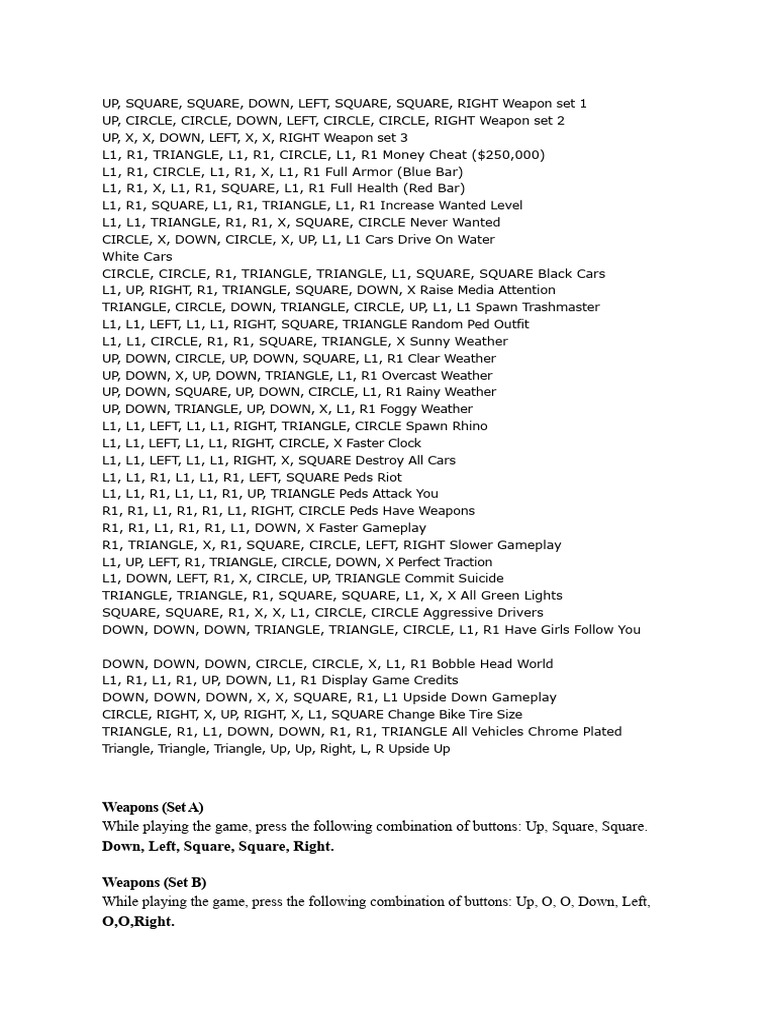 GTA Liberty City Cheat Codes Guide | PDF | Vehicles