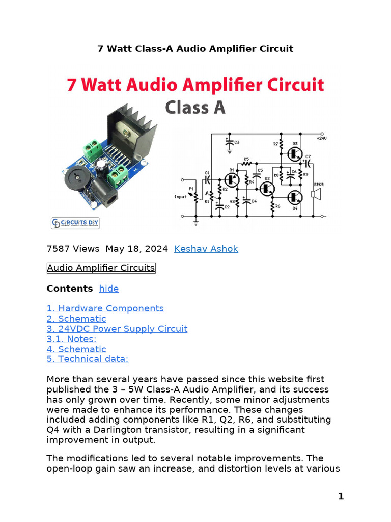 7 Watt Class-A Audio Amplifier Circuit | PDF | Amplifier | Electronic Circuits