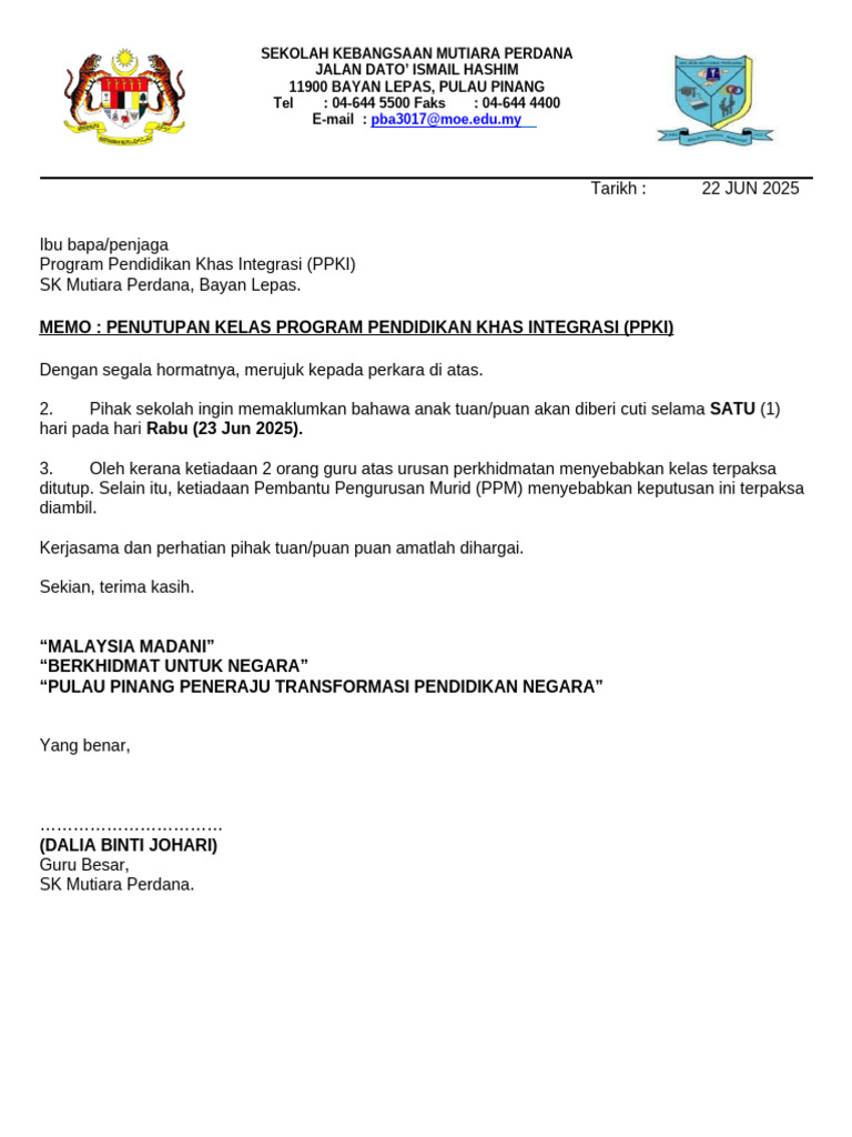 Memo Cuti Sekolah SKMP | PDF