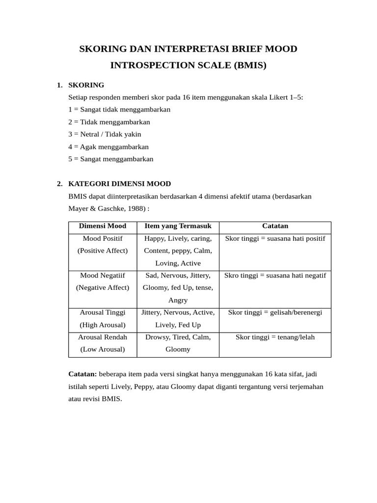 Skoring Dan Interpretasi Brief Mood Introspection Scale | PDF