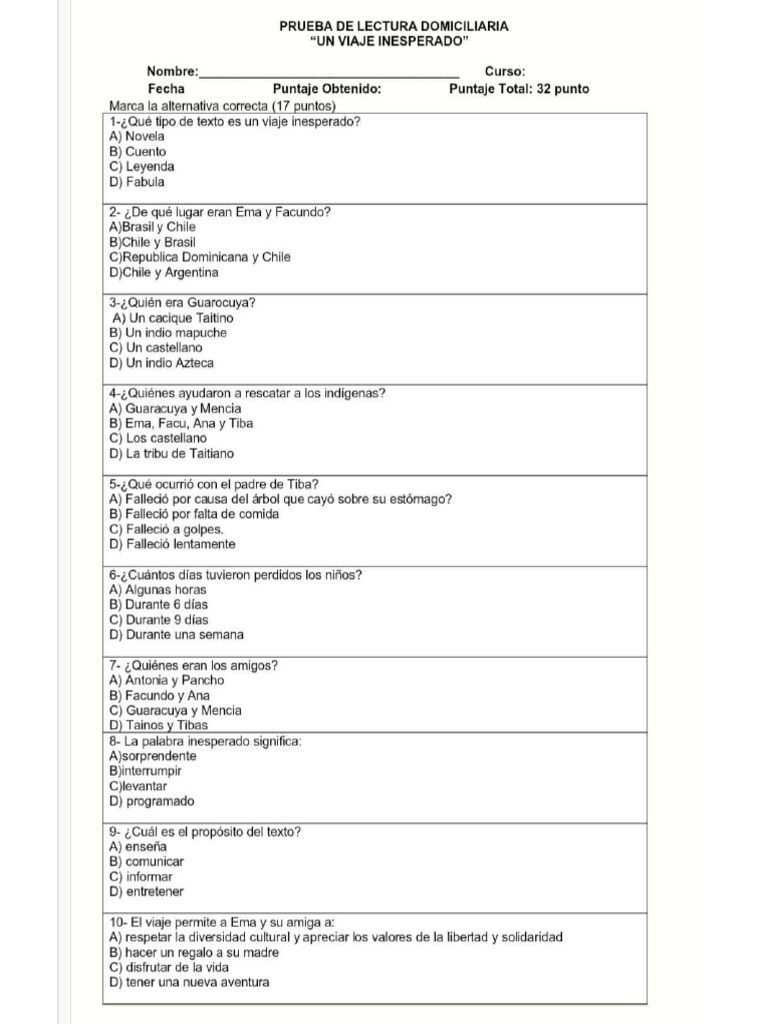 Evaluacion para Un Viaje Inesperado | PDF